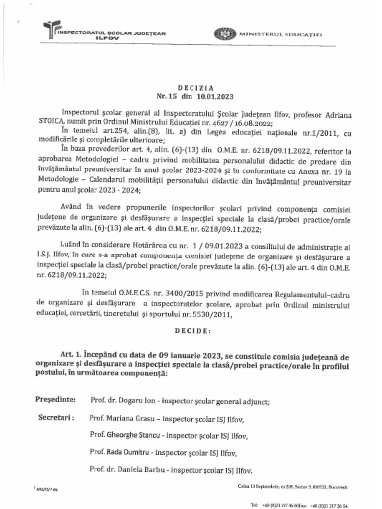 Decizie NR 15 Ianuarie 2023 - Inspectie Speciala La Clasa | PDF