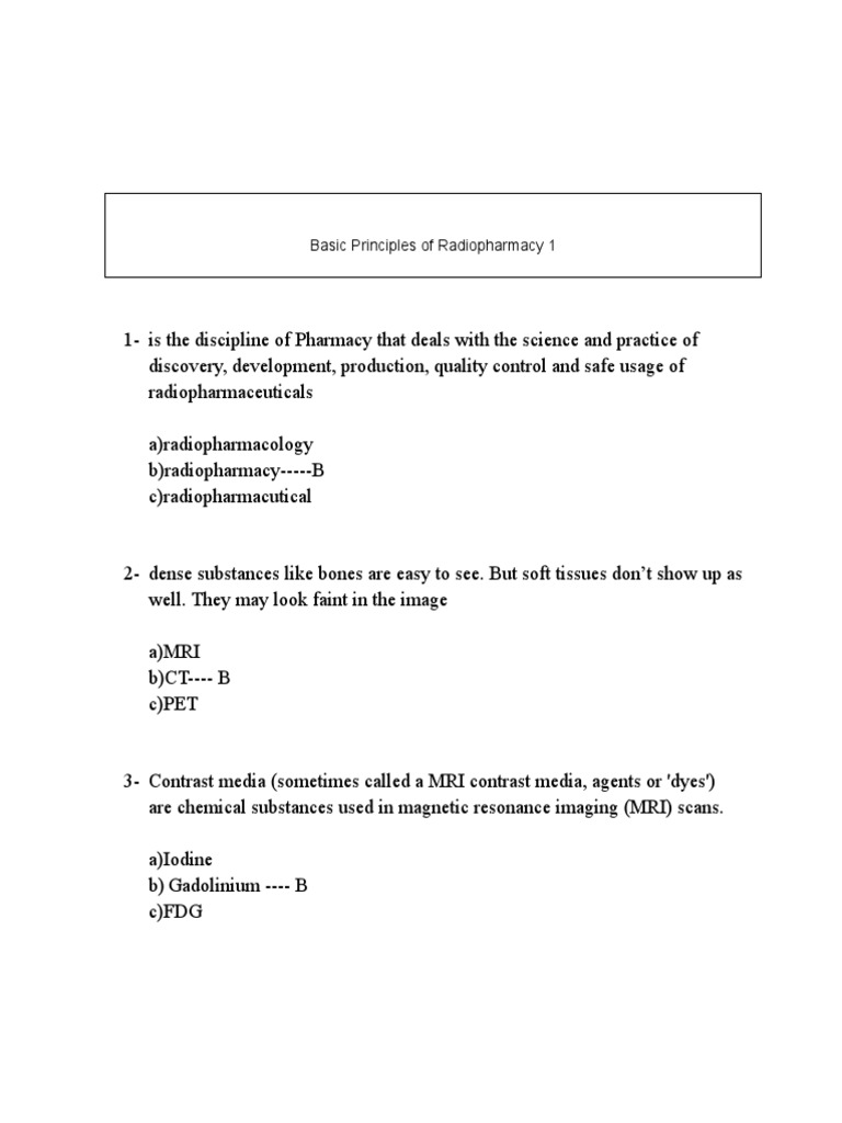 Basic Principles of Radio-Pharmacy Worksheet and Answer | PDF