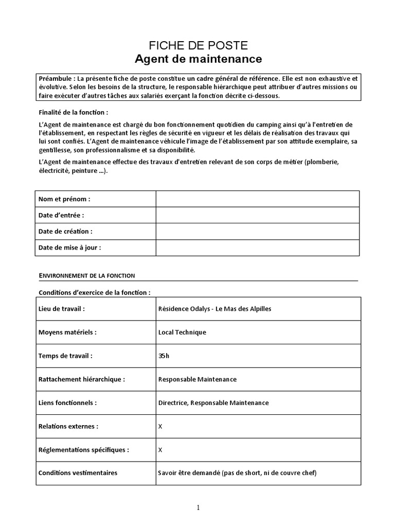 Fiche de Poste - Agent de Maintenance | PDF | Affaires | Ordinateurs