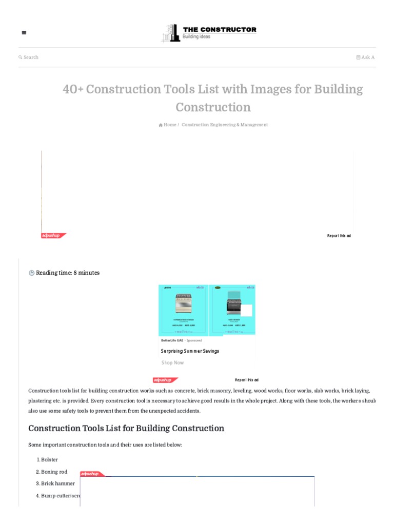 40+ Construction Tools List With Images For Building Construction | PDF ...
