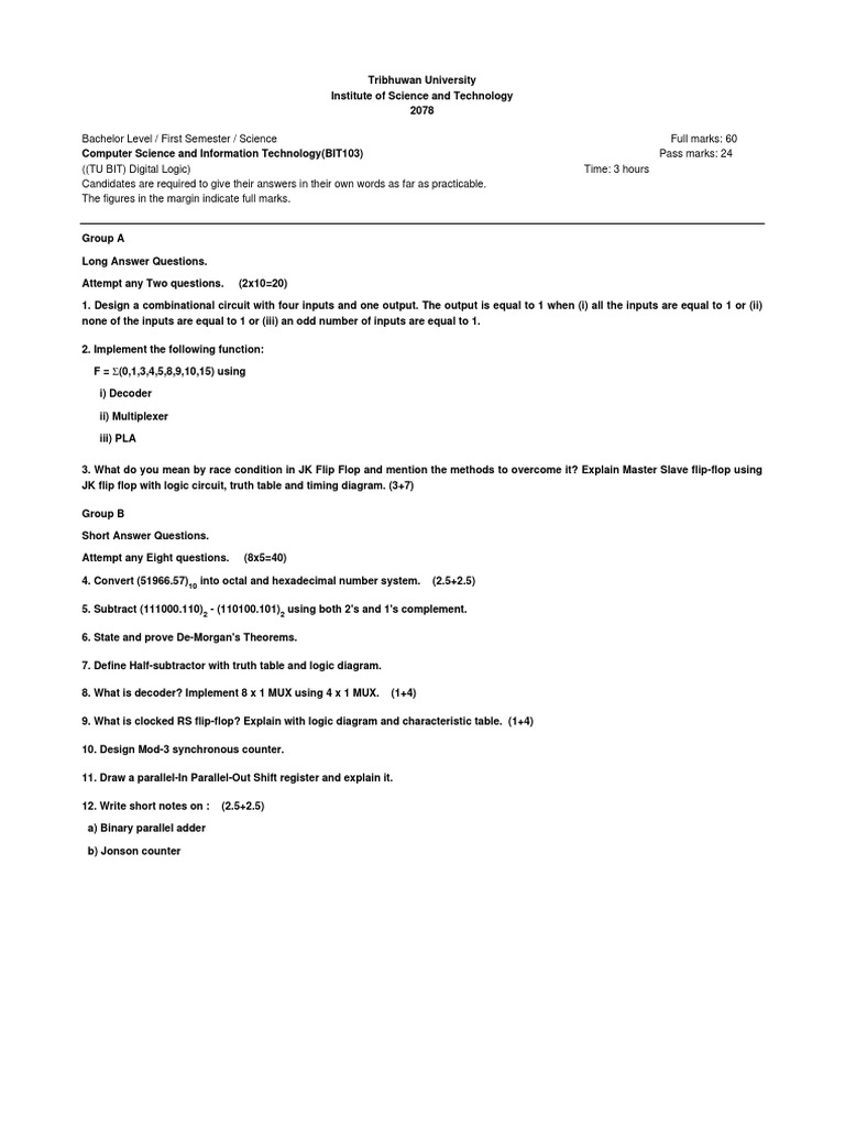 Digital Logic 2078 Questionpaper | PDF