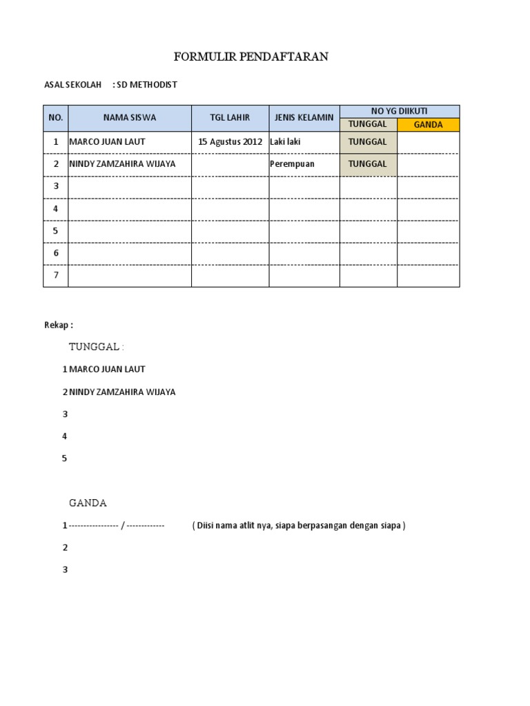 Formulir Pendaftaran Badminton Pdf