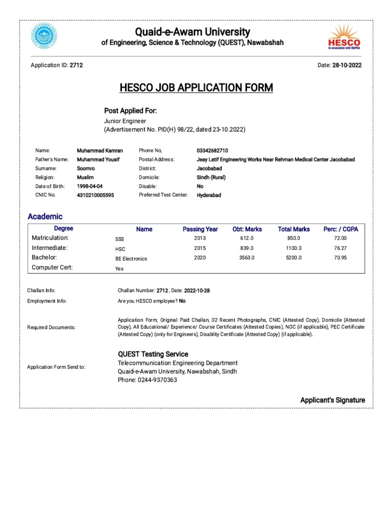 HESCO Form Fee Payment Challan Form For Summer Semester-2022 | PDF