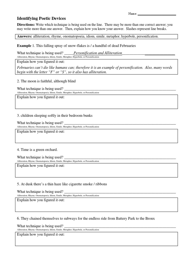 Exercise Identifying - Poetic Devices | PDF | Metaphor | Rhyme