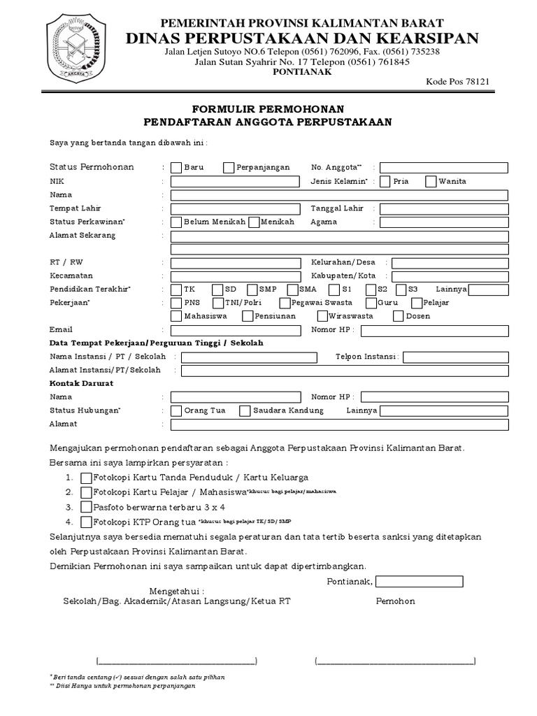 Formulir Pendaftaran Anggota Perpustakaan Kalbar | PDF