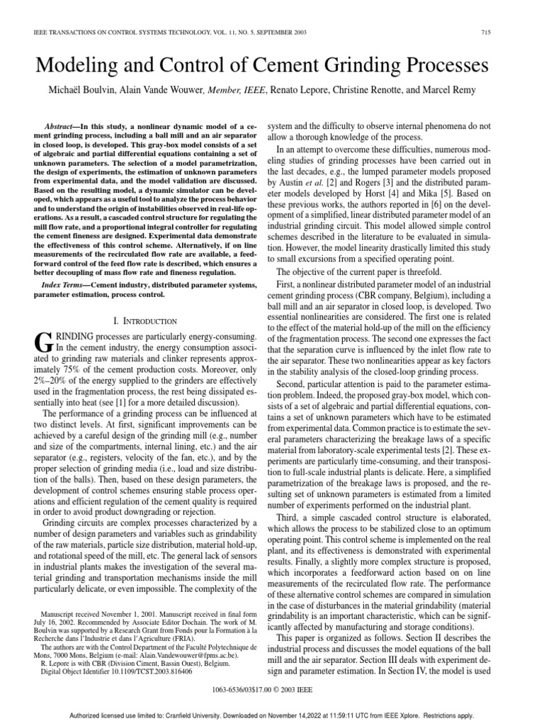 Modeling and Control of Cement Grinding Processes | PDF | Mill (Grinding) | Particle Size ...