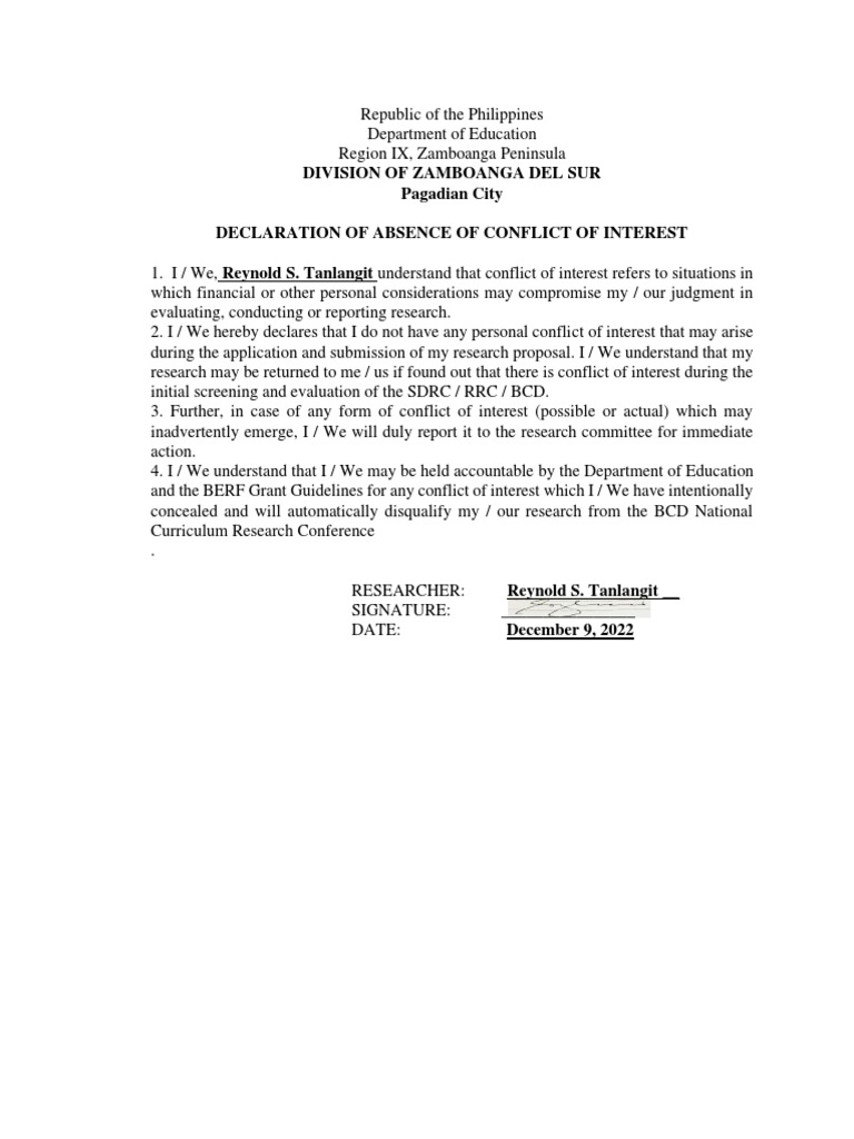 Conflict & Plagiarism Declarations | PDF | Conflict Of Interest | Applied Ethics