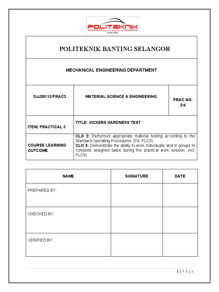 DJJ30113 LAB SHEET LAB 3 Vickers Hardness Test | PDF | Hardness ...