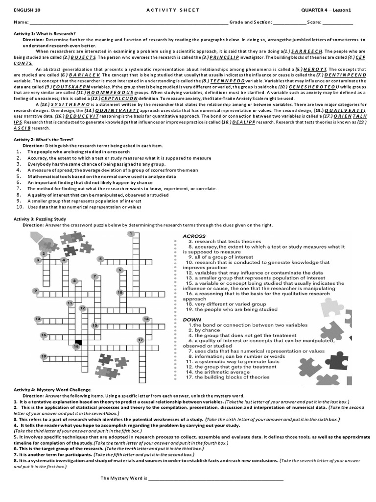 ENG10-Q4-Mod1 Activity Sheet | PDF | Data | Theory