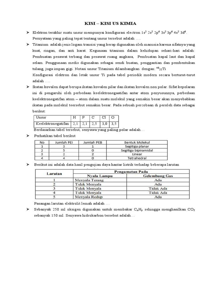 Kisi Kisi Us Kimia | PDF