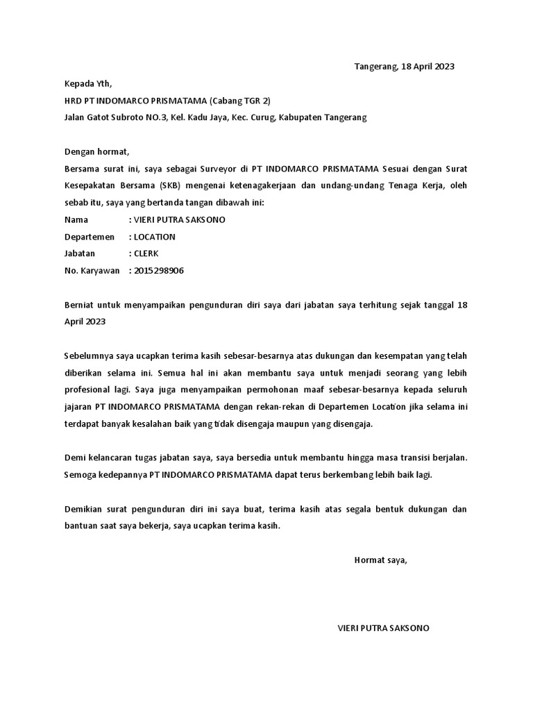 Template Surat Resign | PDF Template Surat Resign | PDF