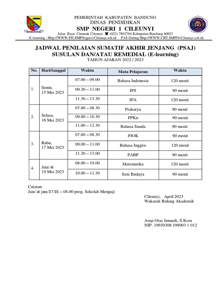 Jadwal PSAJ TH 2022-2023-Susulan-Remedial | PDF