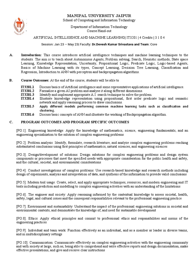 Handout-Artificial Intelligence and Machine Learning - IT3201 Jan 23 To May 23 | PDF ...