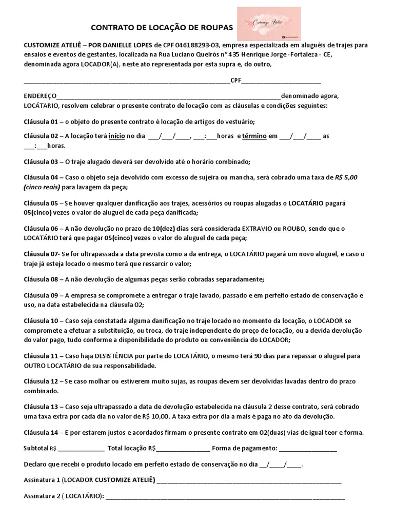 Contrato de Locação de Roupas | PDF | Aluguel | Direito Privado