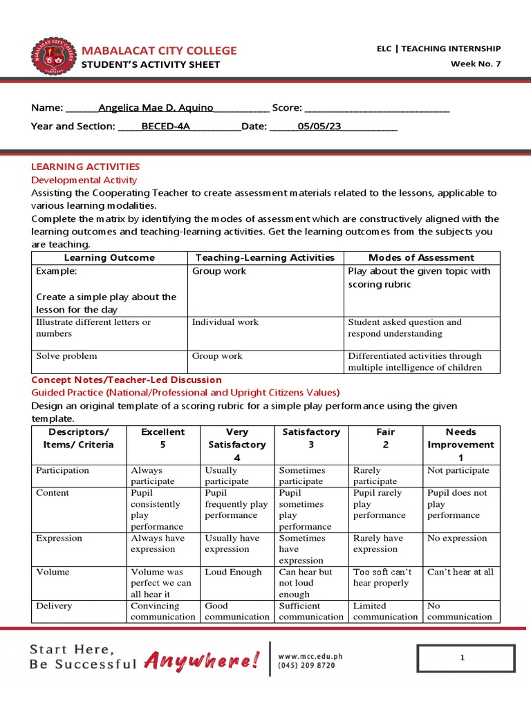 ELC Week 7 Student Activity Sheet | PDF | Educational Assessment ...