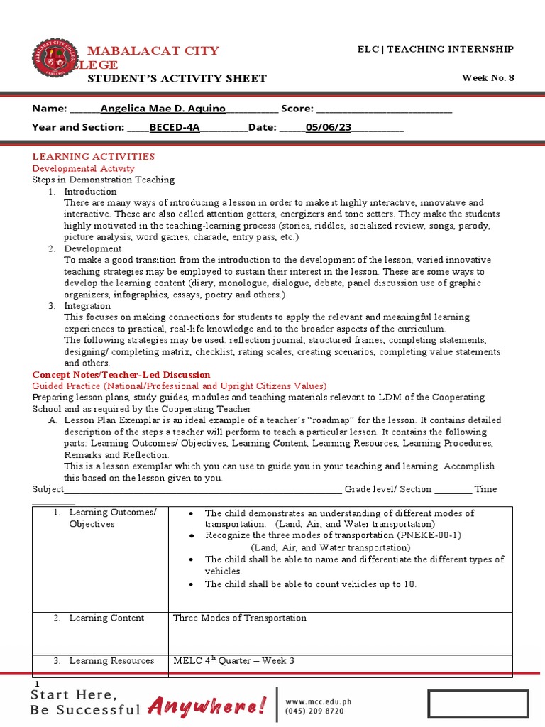 ELC Week 8 Student Activity Sheet | PDF | Learning | Lesson Plan