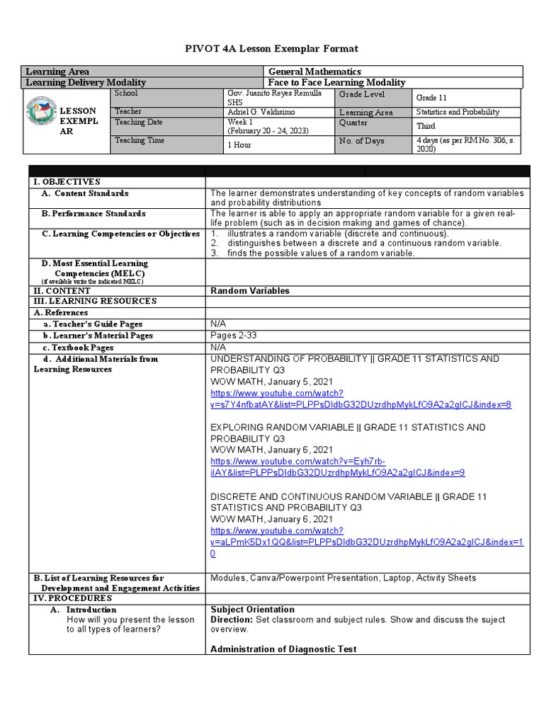 Stat&Prob Q3 E1 | PDF | Probability Distribution | Random Variable