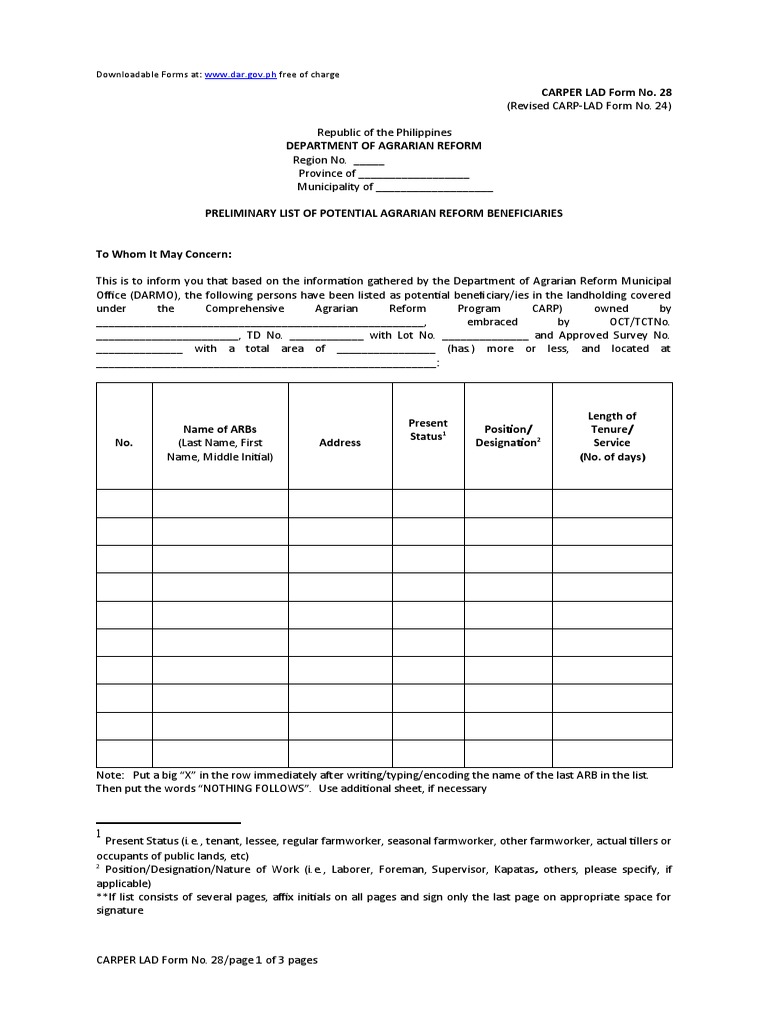 CARPER LAD Form No. 28 Overview | PDF | Identity Document | Government