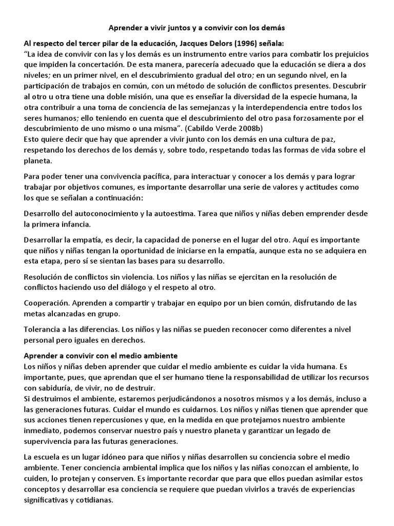 LECTURA Aprender A Vivir Juntos y A Convivir Con Los Demás | PDF