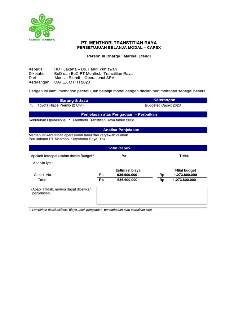 CAPEX - MTTR-RCT-FR-04 - Formulir Pengajuan Capex Non Budgeted 2023 ... CAPEX - MTTR-RCT-FR-04 - Formulir Pengajuan Capex Non Budgeted 2023 ...