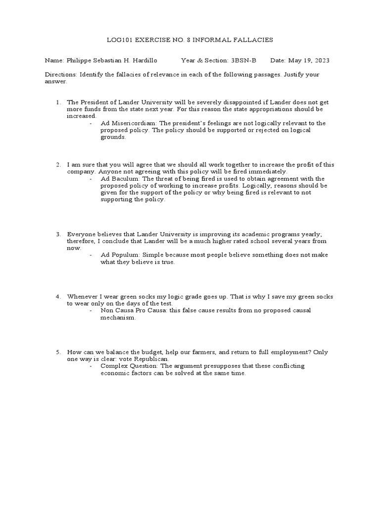 LOG101 Exercise No. 8 Informal Fallacies HARDILLO | PDF
