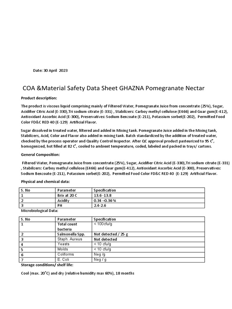 COA & MSDS Pomegranate Nectar | PDF