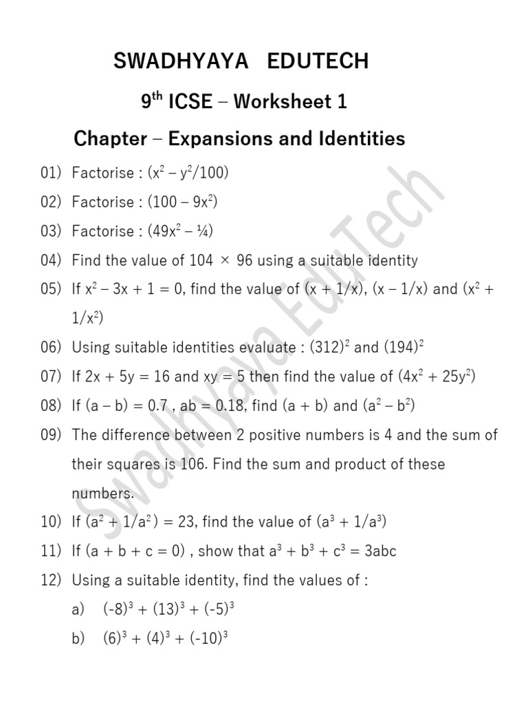 9th STD Expansions and Identities WS-1 | PDF