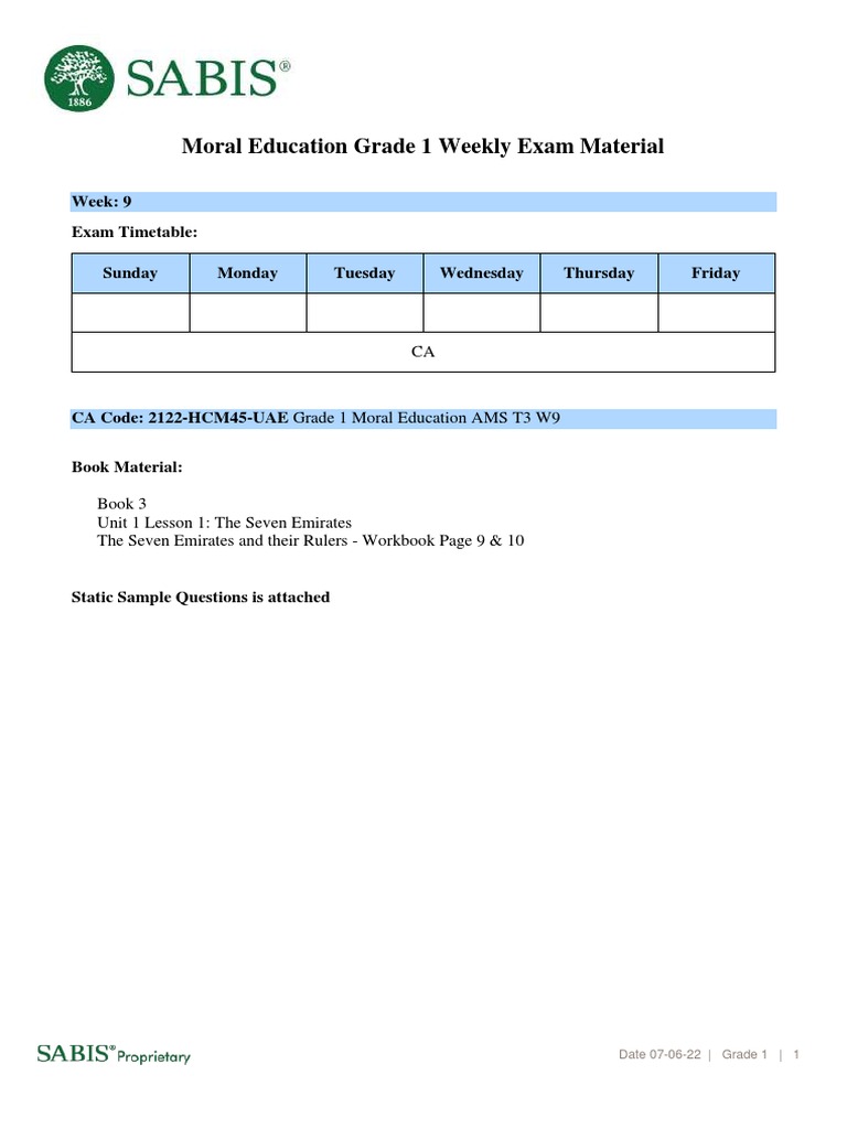 2122 Grade 1 Moral Education Exam Related Materials T3 W9 | PDF