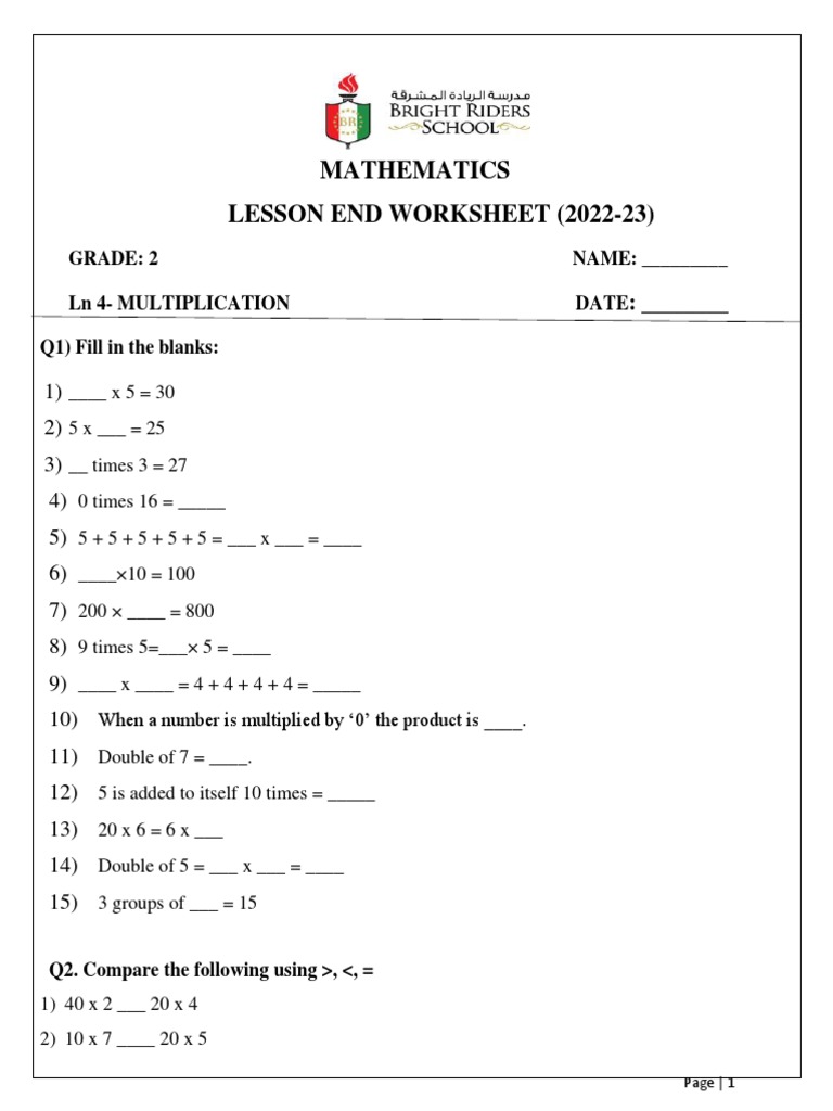 L-4 Multiplication - Home Practice Worksheet 2 | PDF | Multiplication ...
