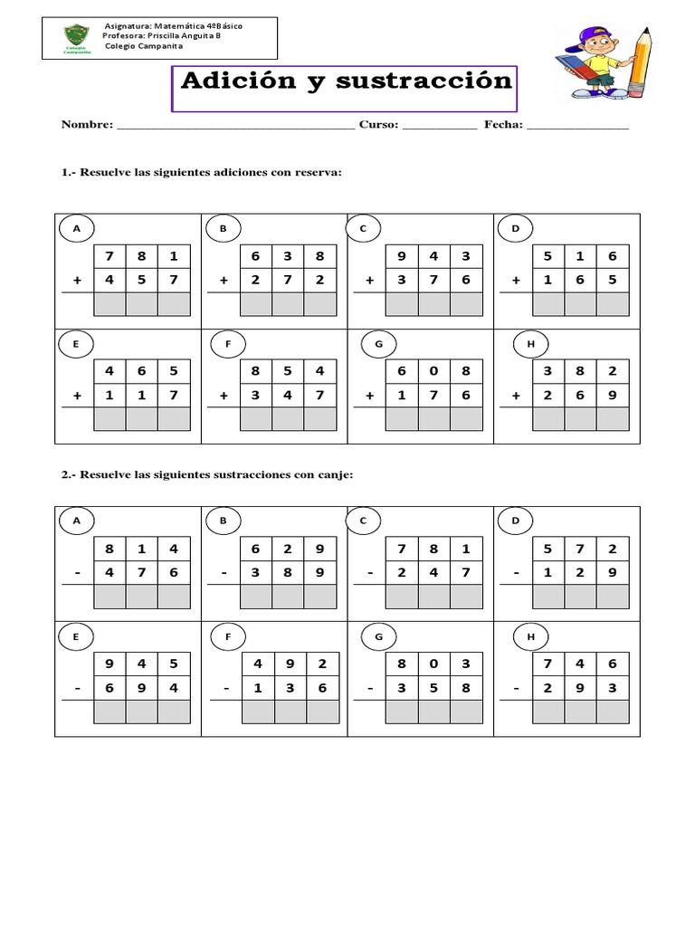 Guia Adicion y Sustraccion 4 Basico | PDF | Aritmética | Matemática Elemental