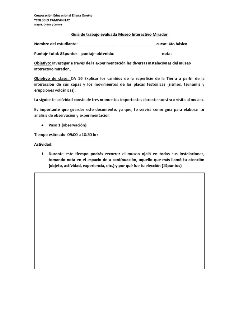 Guía de Trabajo Evaluada Museo Interactivo Mirador | PDF | Science