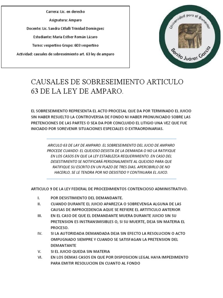 Causales de Sobreseimiento Articulo 63 de La Ley de Amparo | PDF