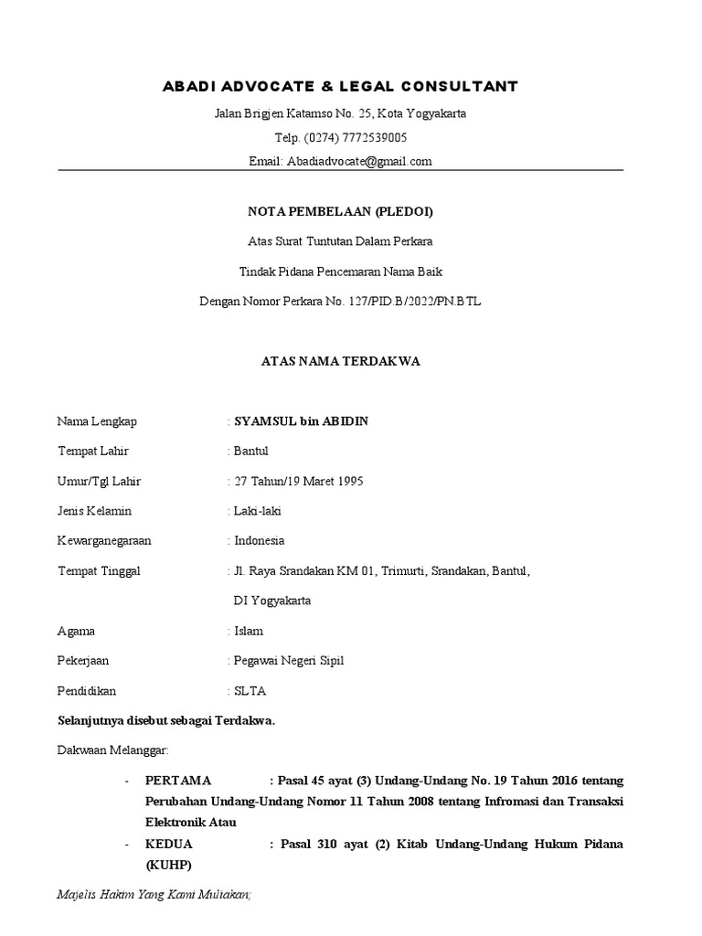 Nota Pembelaan (Pledoi) | PDF Nota Pembelaan (Pledoi) | PDF