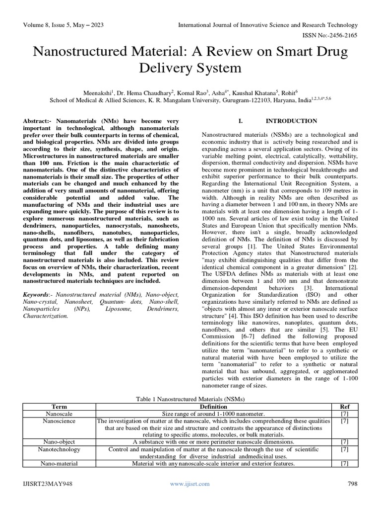 Nanostructured Material A Review On Smart Drug Delivery System | PDF | Nanowire | Nanomaterials