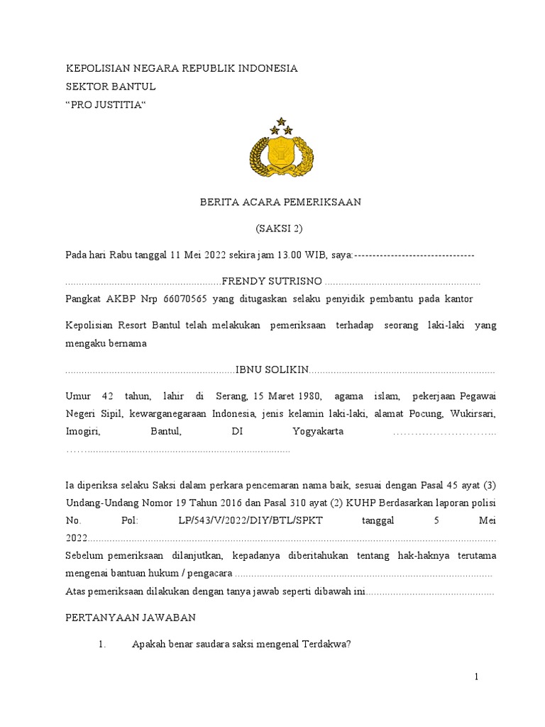BERITA ACARA PEMERIKSAAN SAKSI IBNU SOLIKIN | PDF