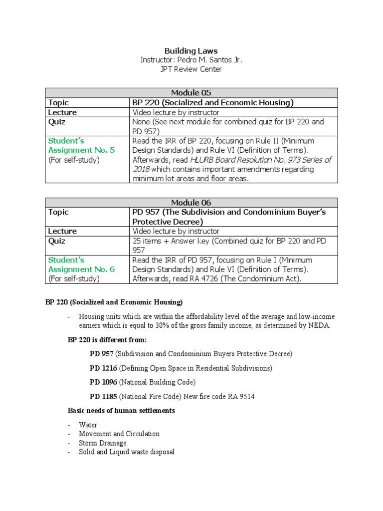 BLDG LAWS Pedro Assignment 5 - 6 BP 220 PD 957 | PDF | Stairs | Buildings And Structures