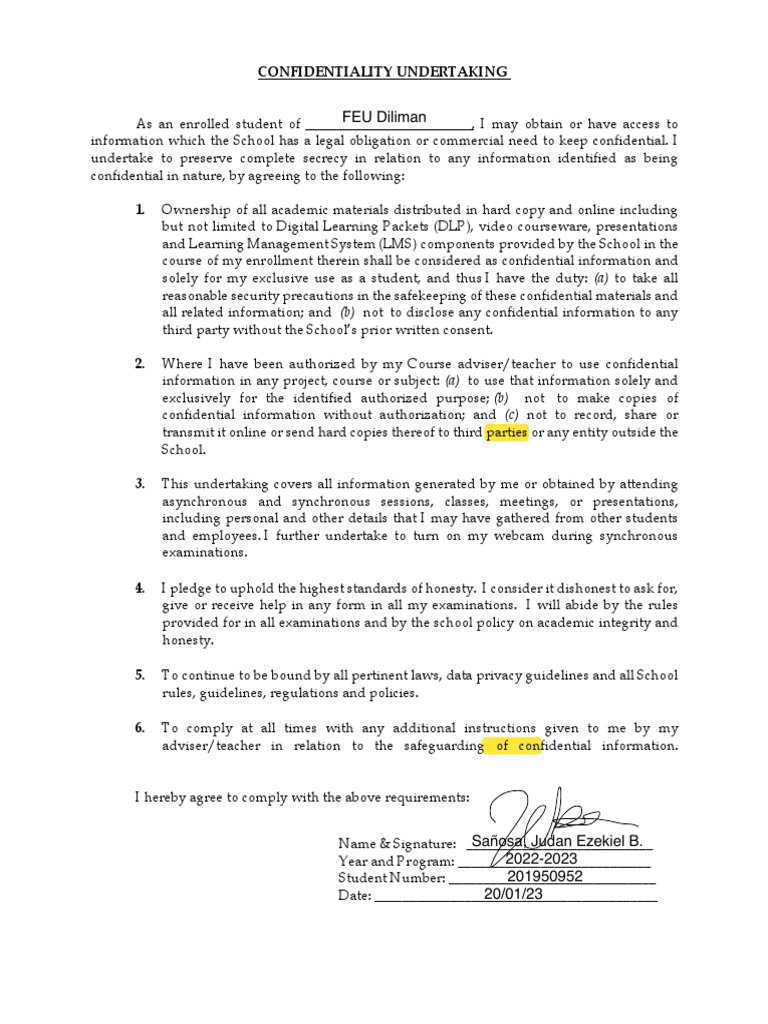 Student Confidentiality Agreement | PDF | Confidentiality | Civil ...