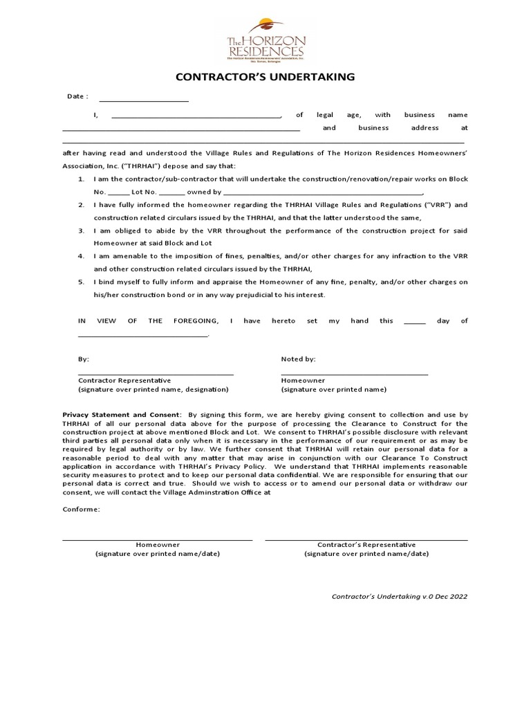 Contractor's Undertaking v.0 Dec 2022 | PDF | Privacy | Consent