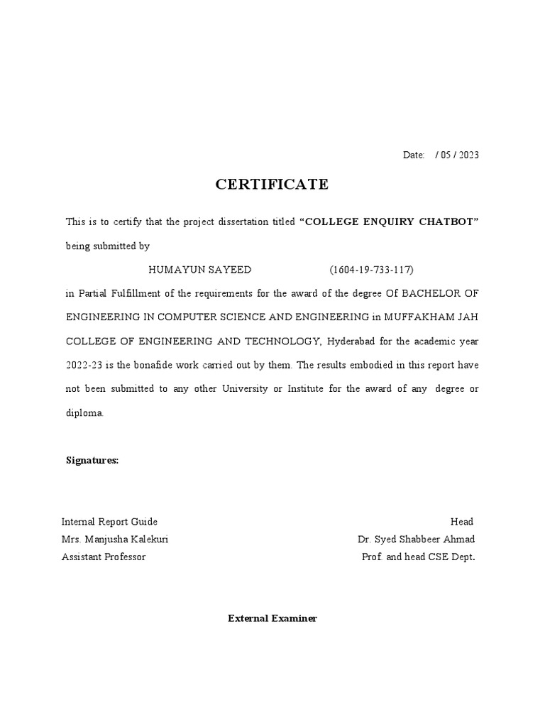 Annexure II - Certificate On College Letter Head - Subhan | PDF