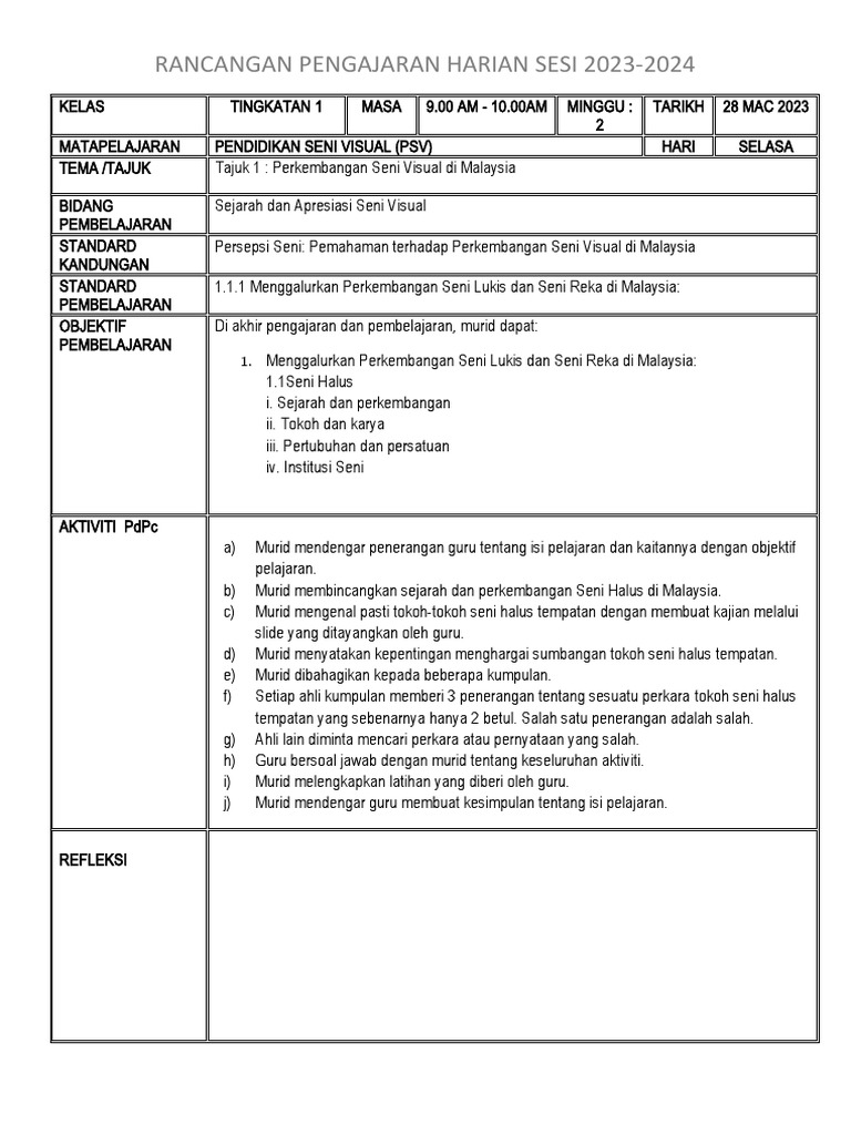 Contoh RPH PSV Ting.1 | PDF