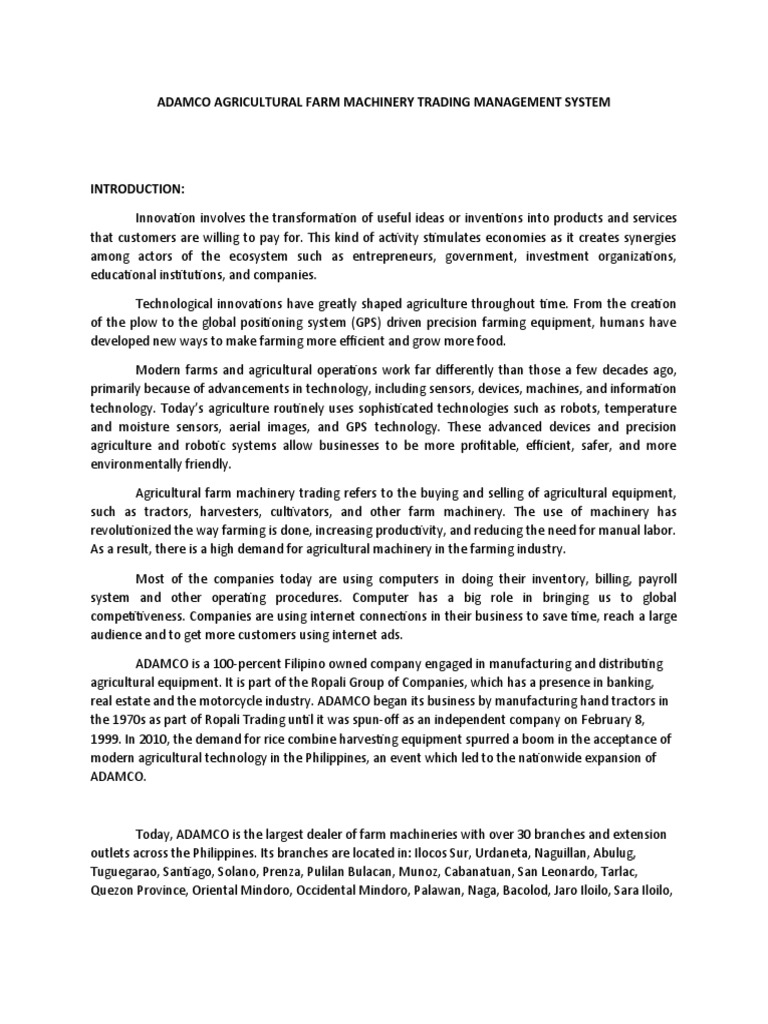 Adamco Agricultural Farm Machinery Trading Management System | PDF | Agricultural Machinery ...