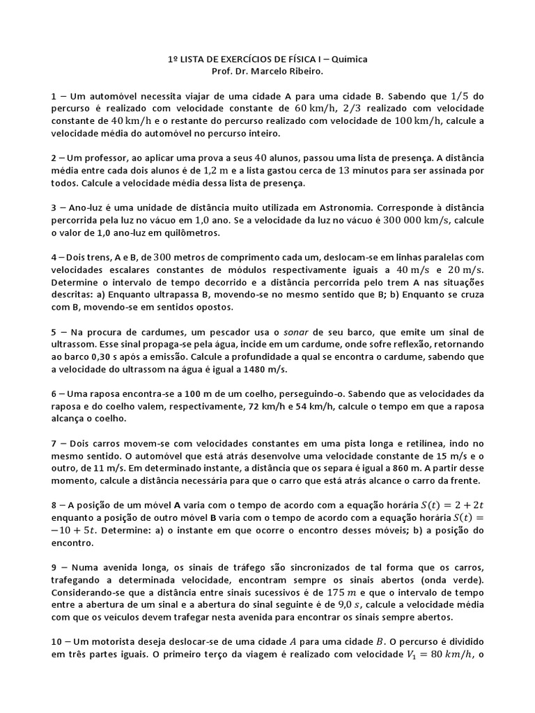 1º Lista de Exercícios de Física I - 1º Ano - 2023 - Telecom-Tides | PDF | Velocidade | Tempo