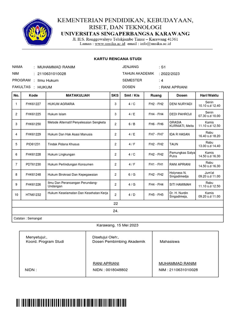Cetak KRS Mahasiswa 15 Mei 2023 | PDF