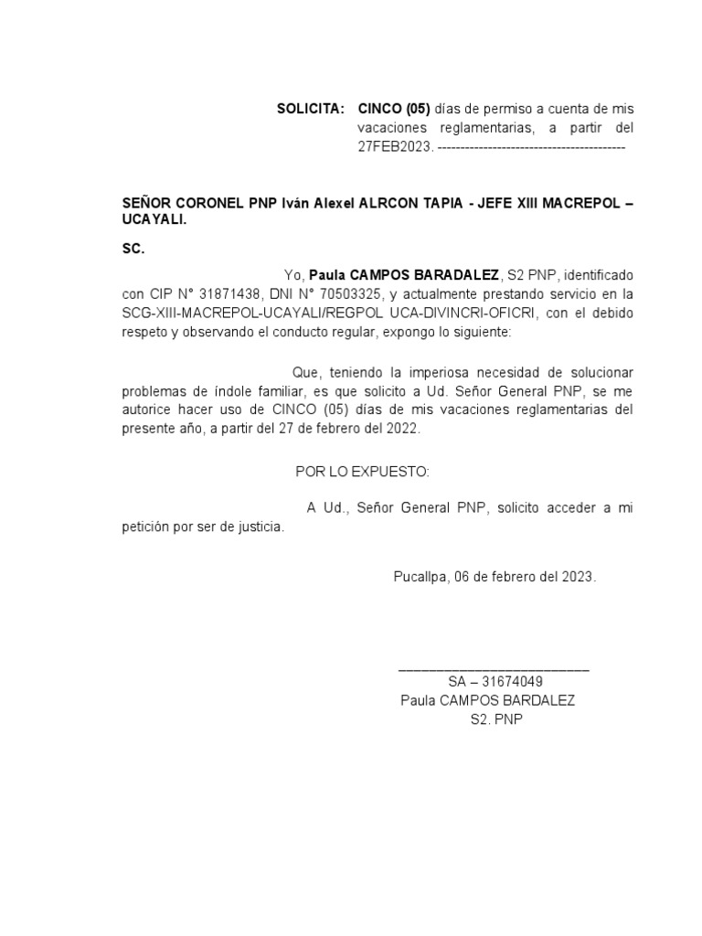 Solicitud Vacaciones. | PDF | Perú | Cumplimiento de la ley
