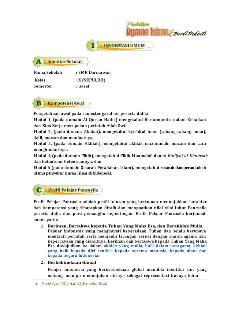 MODUL AJAR - PAI Kelas 10 - Gasal | PDF