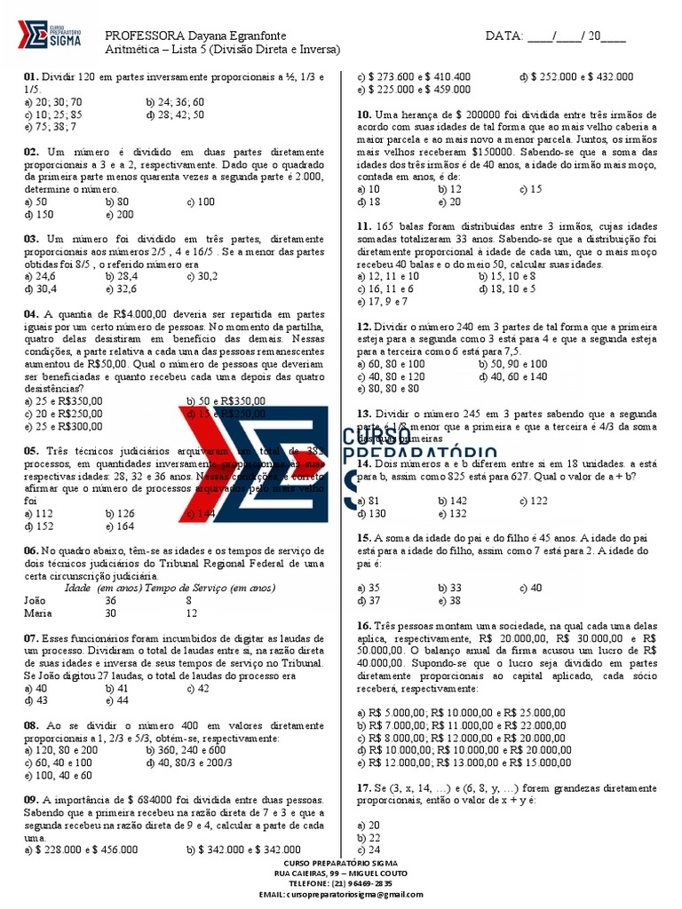 05 - Lista - Divisao Direta e Inversa | PDF | Quantidade | Quantidades ...