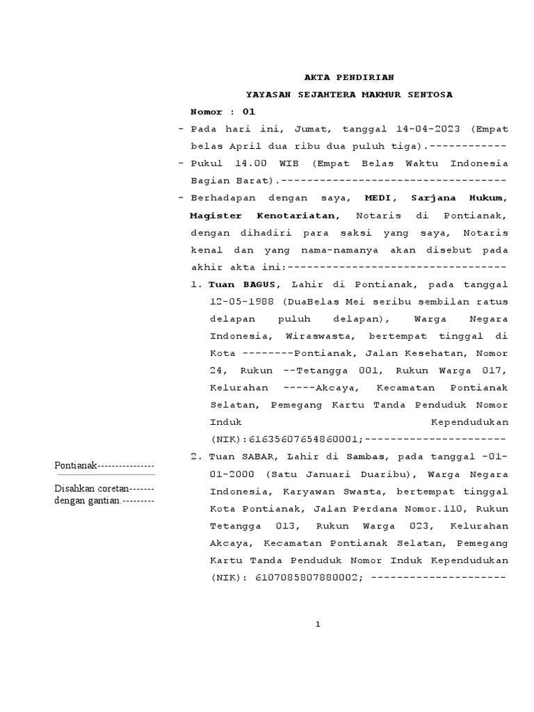 Akta Pendirian Yayasan 1 | PDF