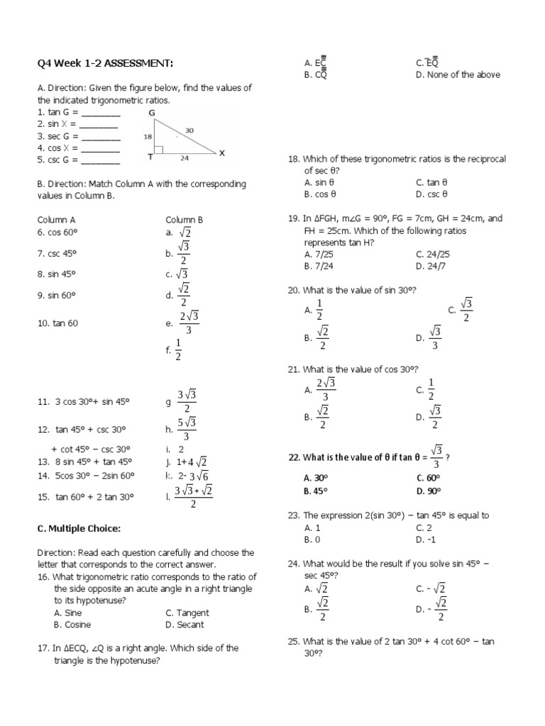 q4wk1 2 Assessment | PDF | Trigonometric Functions | Mathematics