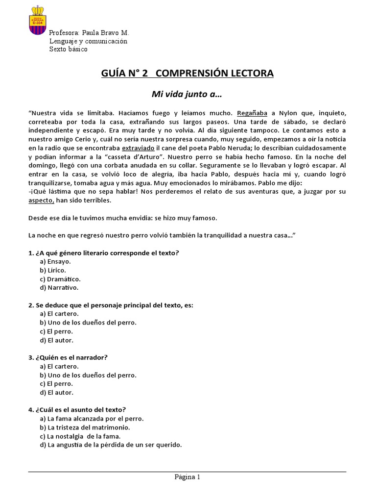 Guía de Comprensión Lectora Sexto Básico | PDF | Narración