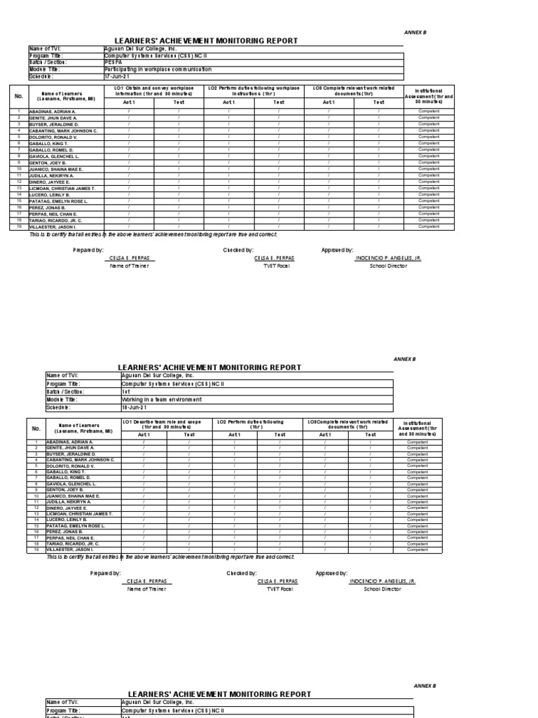 Learners' Achievement Report: CSS NC II | PDF